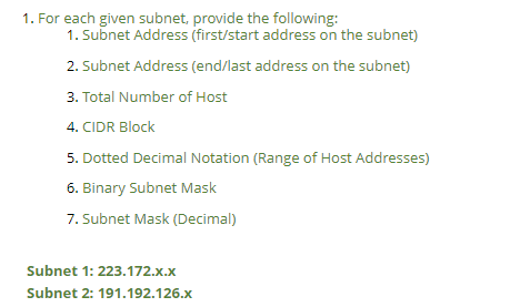 Solved 1. For each given subnet, provide the following: 1. | Chegg.com