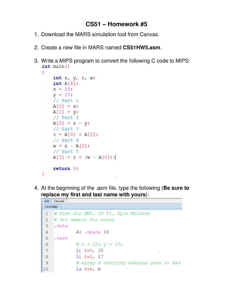 Solved CS51 - Homework #5 1. Download the MARS simulation | Chegg.com