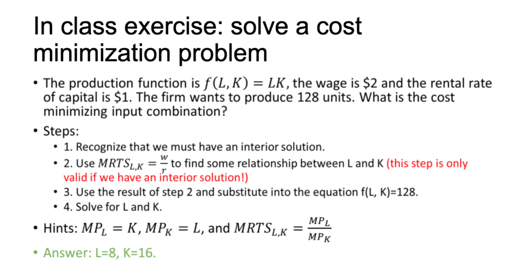Solved In class exercise: solve a cost minimization problem | Chegg.com