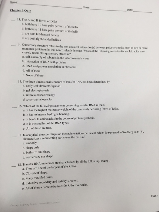 Solved Name Class Chapter 9 Qui Date Inudicate the answer | Chegg.com