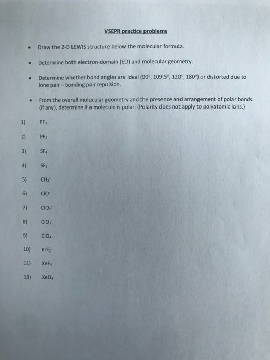 Solved VSEPR practice problems Draw the 2-D LEWIS structure | Chegg.com