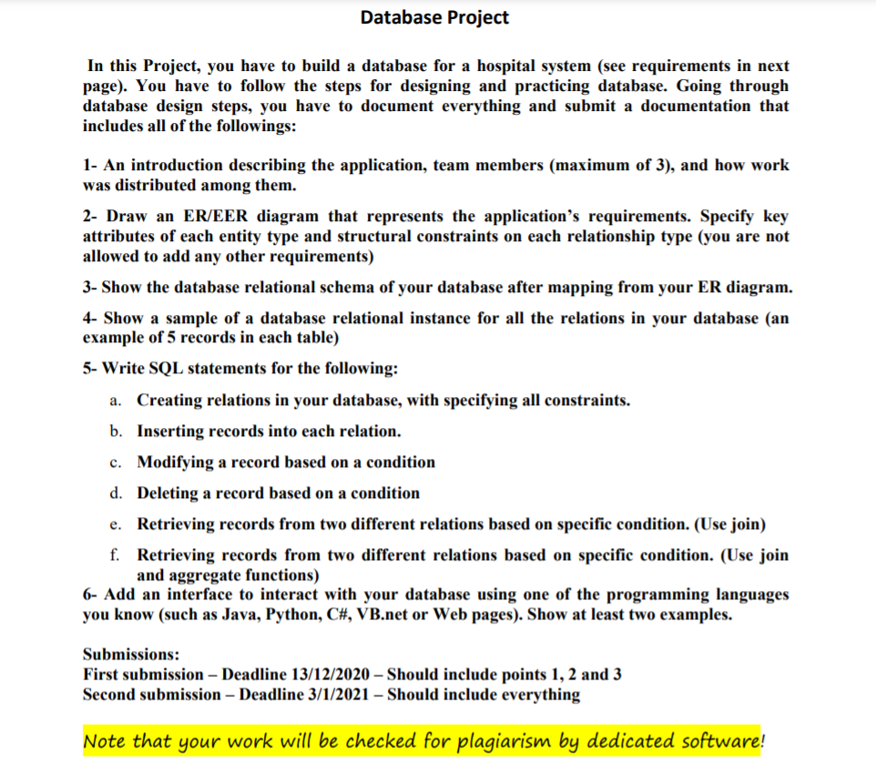 Solved Database Project In this Project, you have to build a | Chegg.com