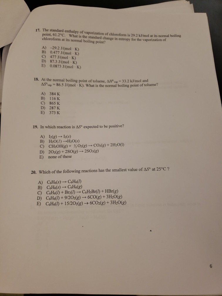 Solved 17. The standard enthalpy of vaporization of | Chegg.com