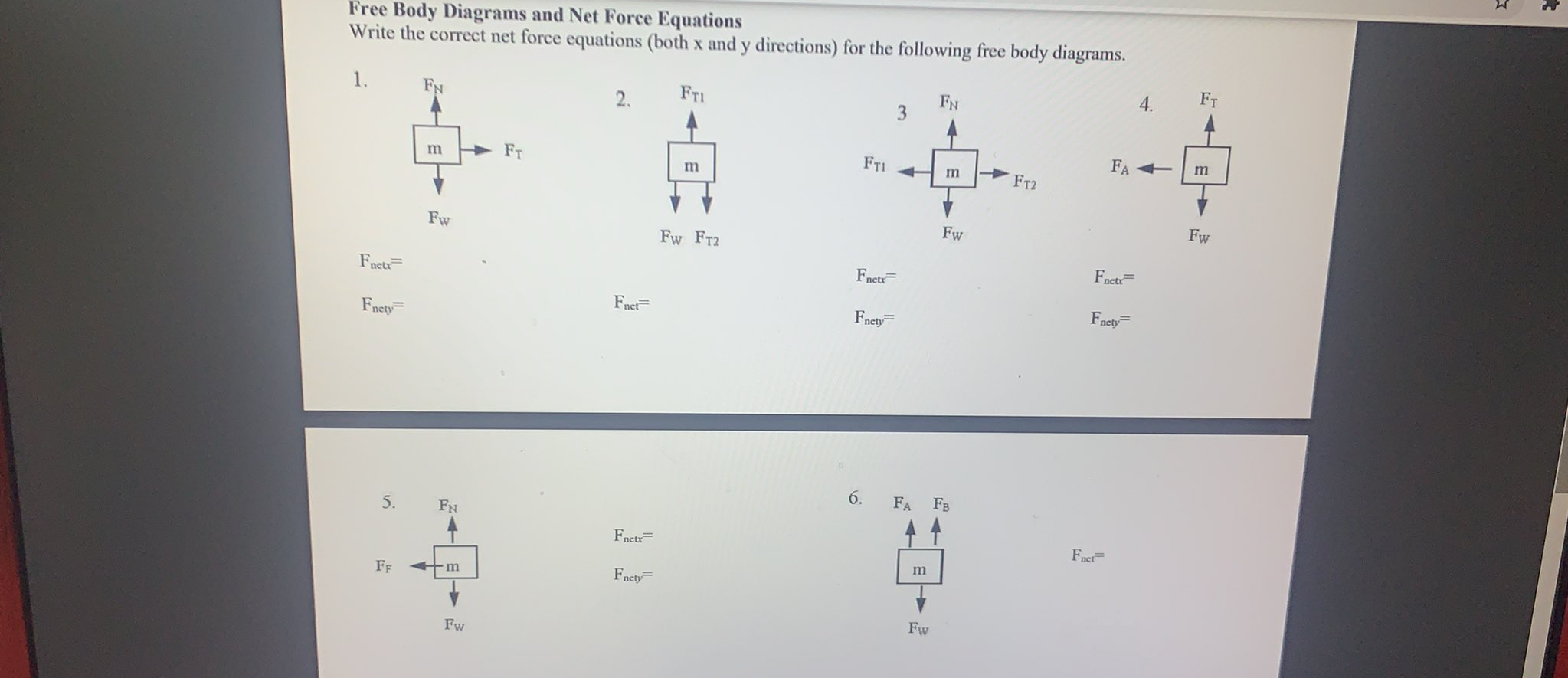 Solved Free Body Diagrams and Net Force Equations Write the | Chegg.com
