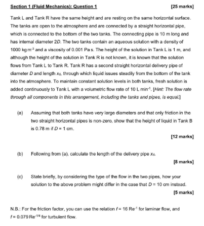 Solved Section 1 (Fluid Mechanics): Question 1 [25 marks) | Chegg.com