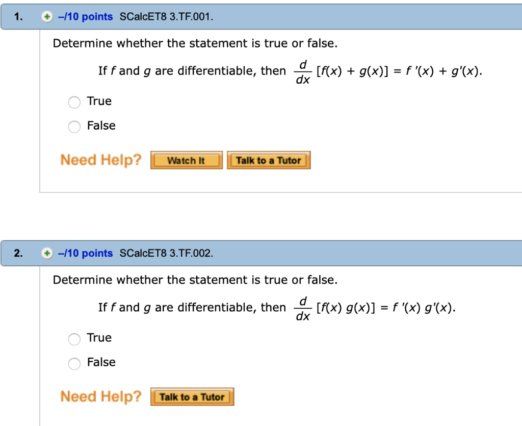 Solved 1. +-/10 points SCalcET8 3.TF.001 Determine whether | Chegg.com Solved 1. +-/10 points SCalcET8 3.TF.001 Determine whether | Chegg.com