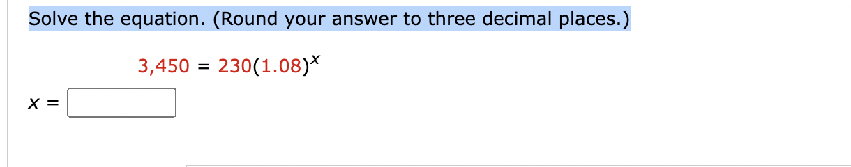 Solved Solve the equation. (Round your answer to three | Chegg.com