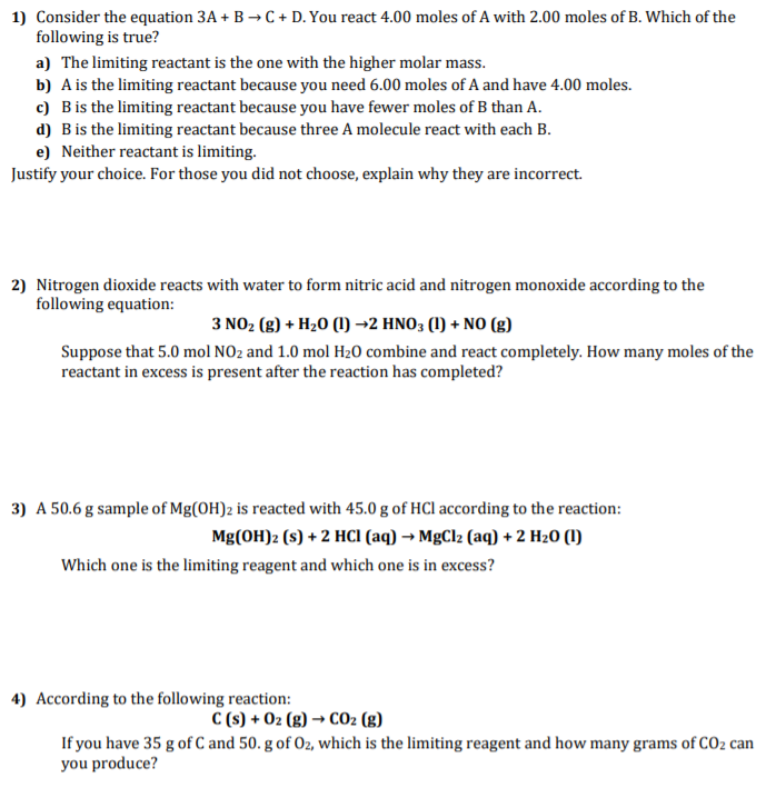 Solved 1) Consider the equation 3A+BC + D. You react 4.00 | Chegg.com