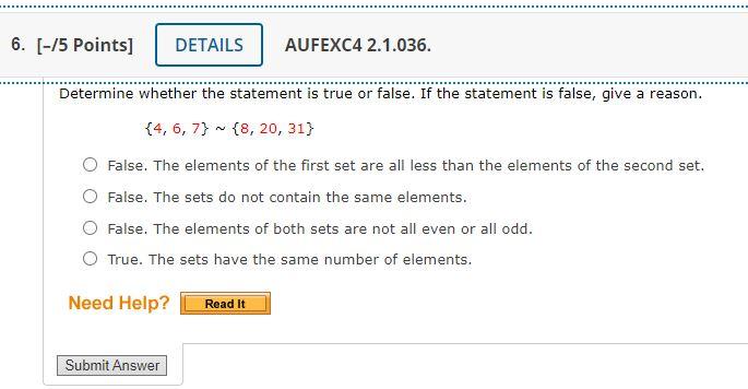 Solved 6. [-/5 Points) DETAILS AUFEXC4 2.1.036. Determine | Chegg.com