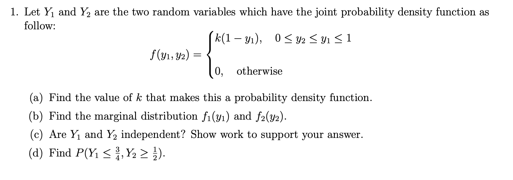 Solved 1. Let Yi and Y2 are the two random variables which | Chegg.com