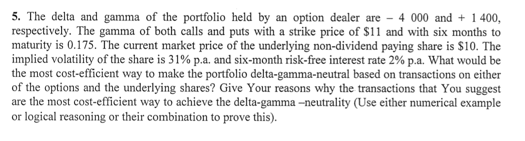 Solved 5. The delta and gamma of the portfolio held by an | Chegg.com