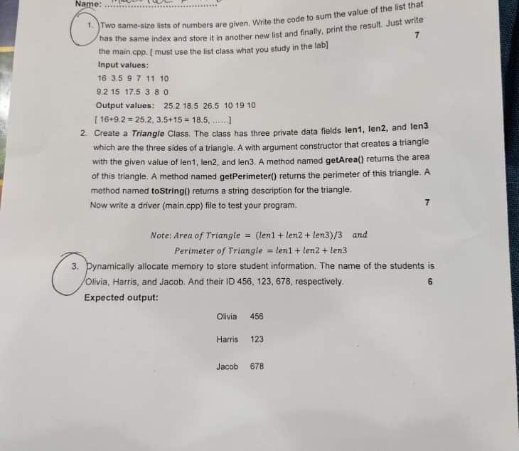 Solved Name: 1. Two same-size lists of numbers are given. | Chegg.com