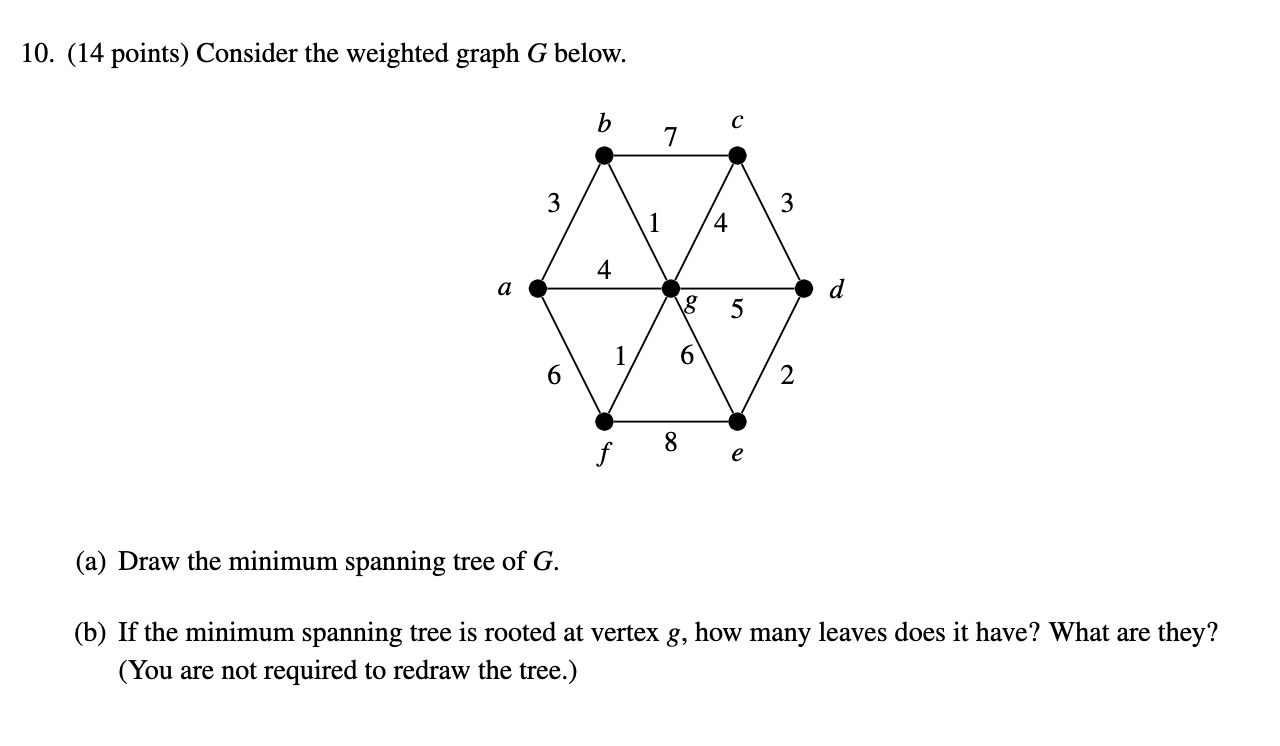 Solved 10. (14 points) Consider the weighted graph G below. | Chegg.com