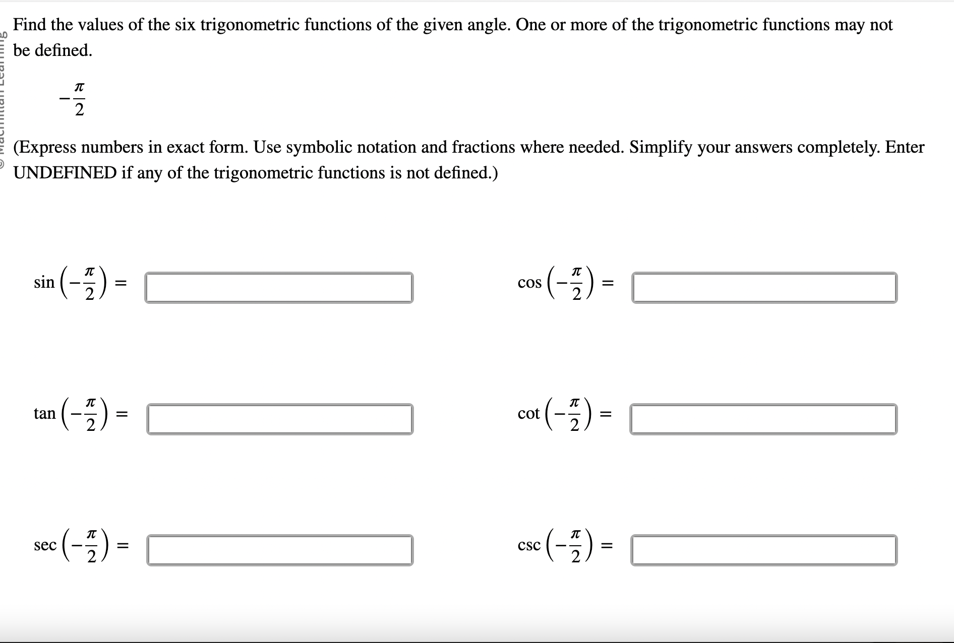 Solved Find The Values Of The Six Trigonometric Functions Of Chegg
