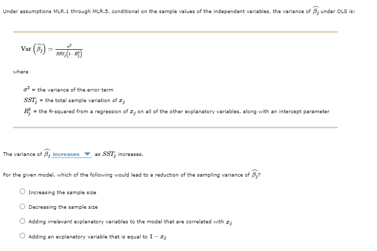 Solved Under assumptions MLR.1 through MLR.5, conditional on | Chegg.com