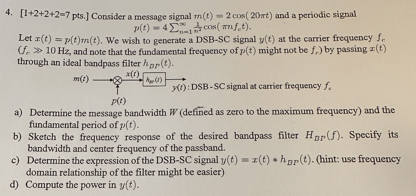 Solved 4. [1+2+2+2=7 pts.] Consider a message signal | Chegg.com