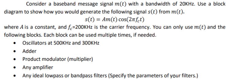 Solved Consider a baseband message signal m(t) with a | Chegg.com