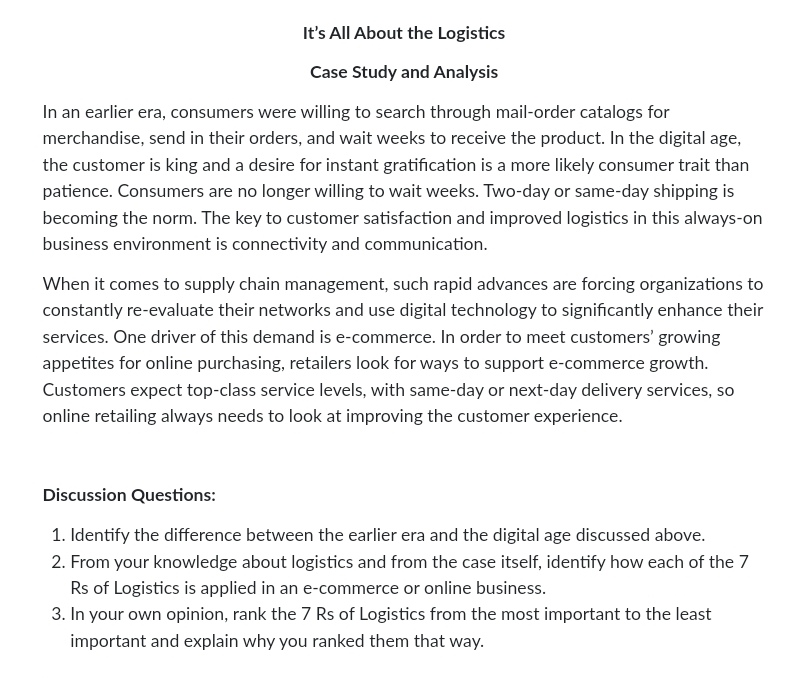 Solved It's All About the Logistics Case Study and Analysis | Chegg.com