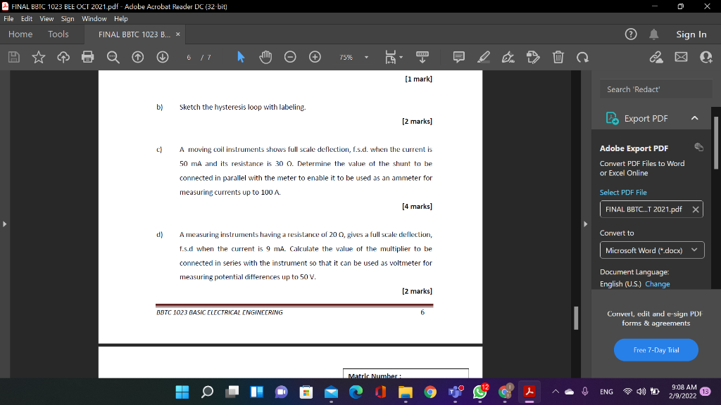 Solved х FINAL BBTC 1023 BEE OCT 2021.pdf - Adobe Acrobat | Chegg.com