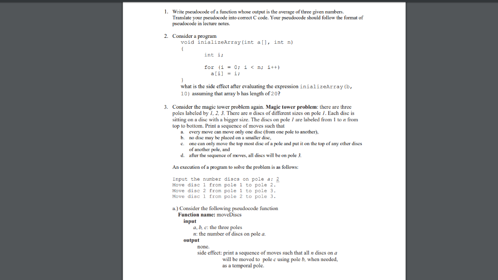 Solved 1 Write Pseudocode Of A Function Whose Output Is The