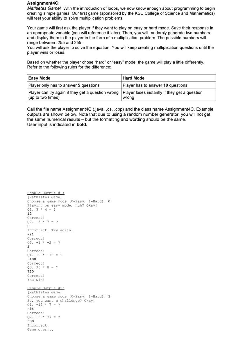 Solved Assignment4C: Mathletes Game! With the introduction | Chegg.com