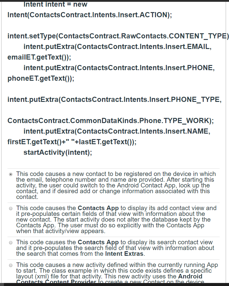 Intent intent = new Intent(Contacts | Chegg.com