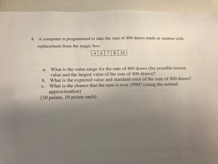 Solved A computer is programmed to take the sum of 400 draws | Chegg.com