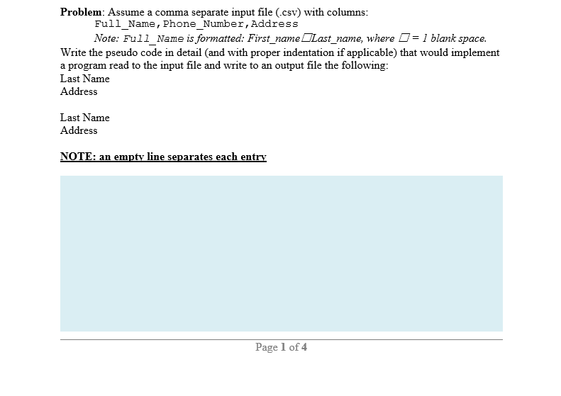 Solved Problem: Assume a comma separate input file (.csv) | Chegg.com