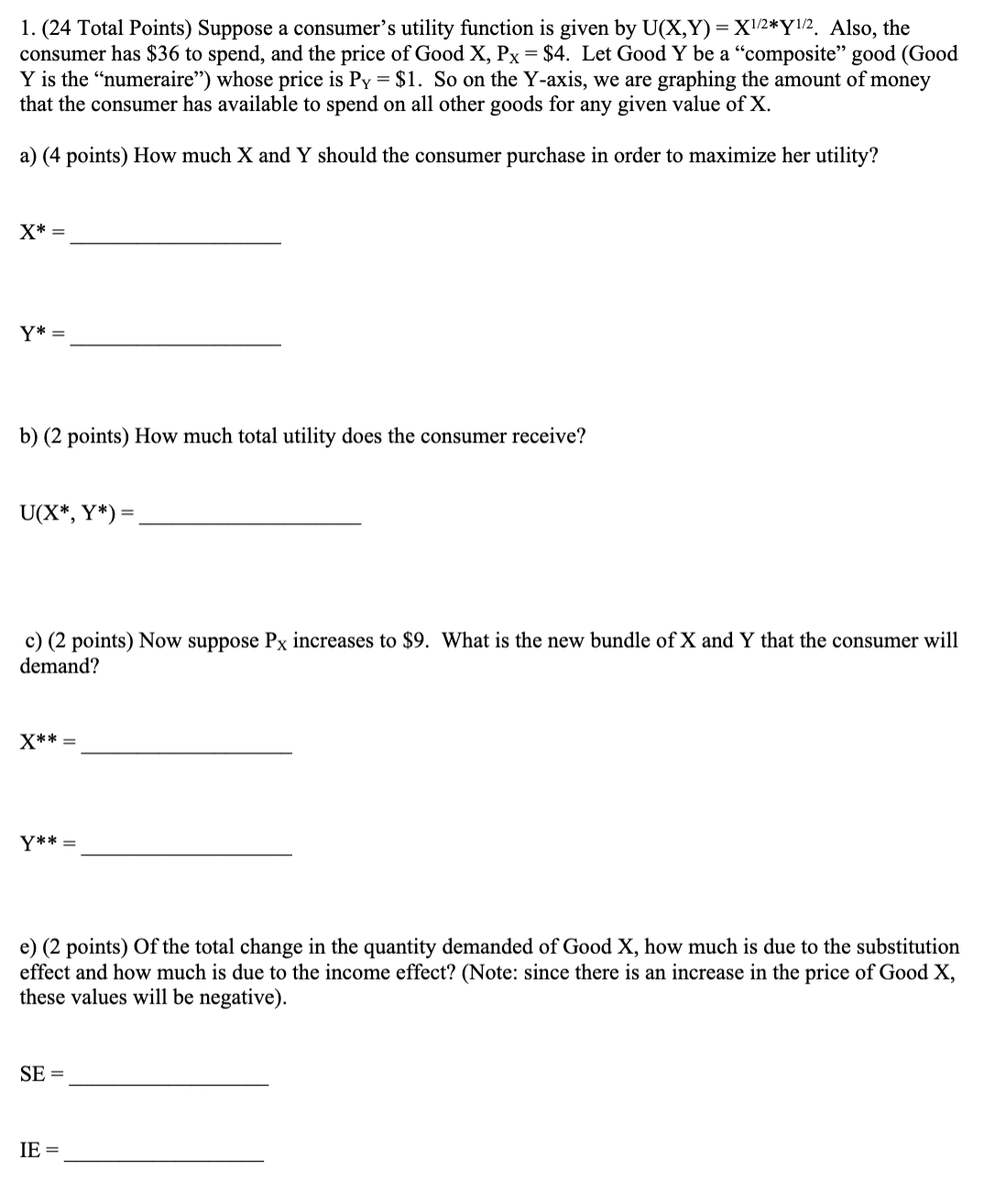 Solved (24 ﻿Total Points) ﻿Suppose a consumer's utility | Chegg.com