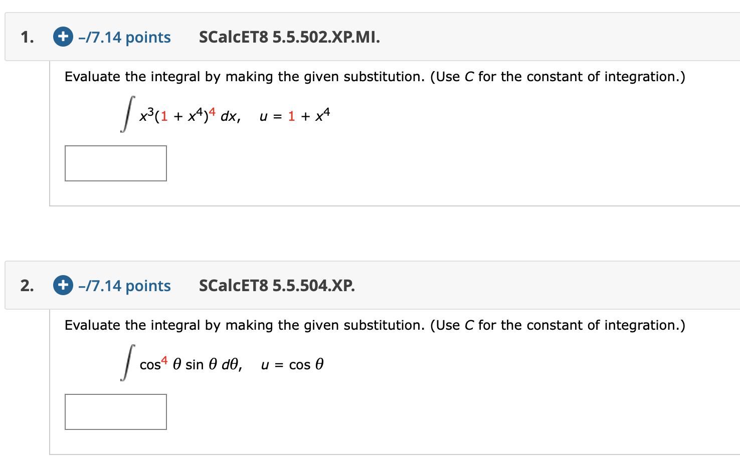 Solved 1. + -17.14 points SCalcET8 5.5.502.XP.MI. Evaluate | Chegg.com
