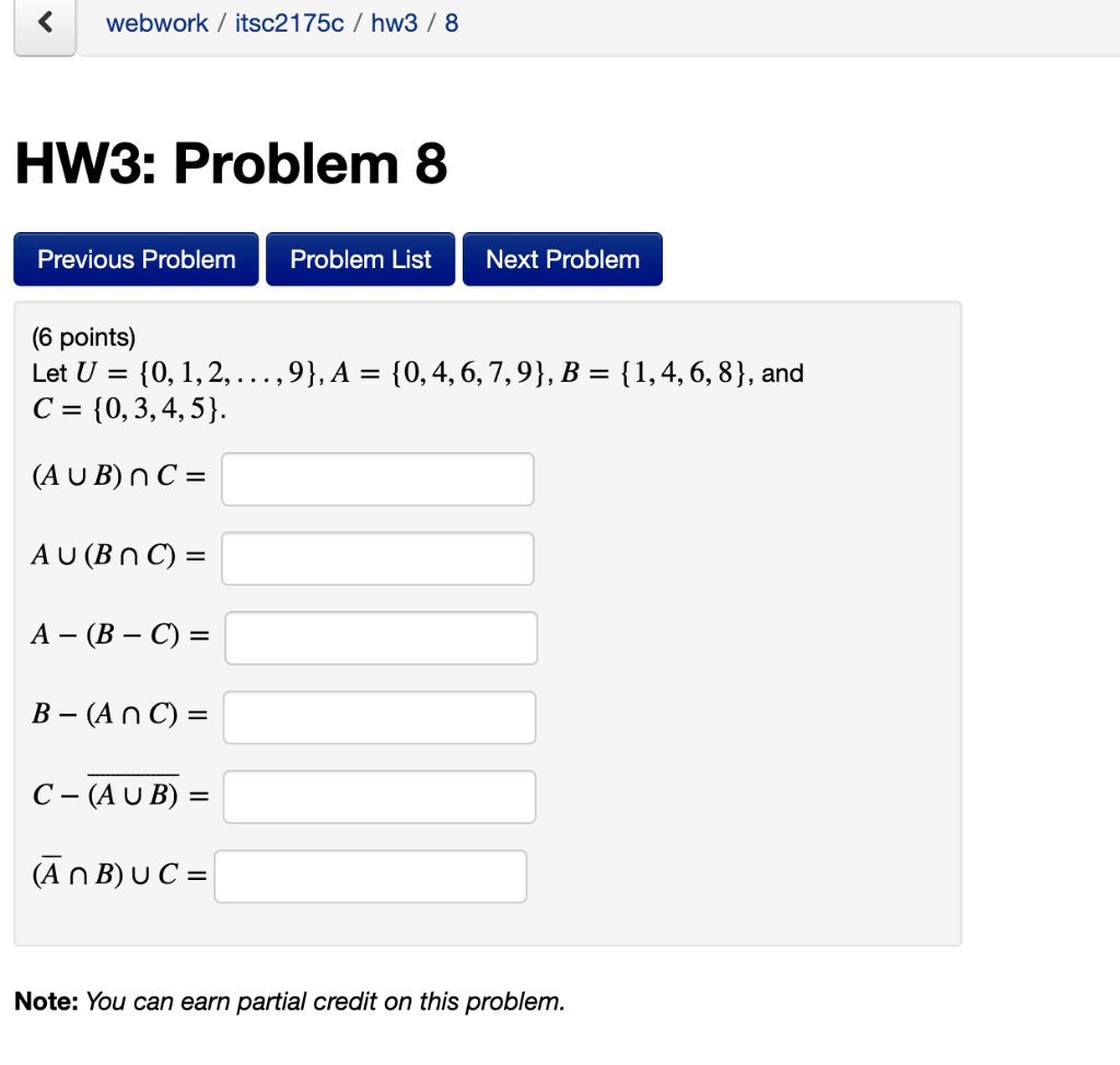 Solved webwork / itsc2175c/ hw3 / 8 HW3: Problem 8 Previous | Chegg.com