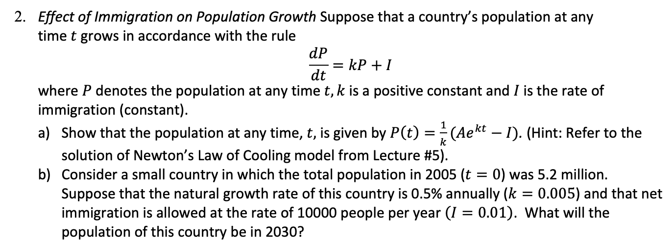 Solved 2. Effect of Immigration on Population Growth Suppose | Chegg.com