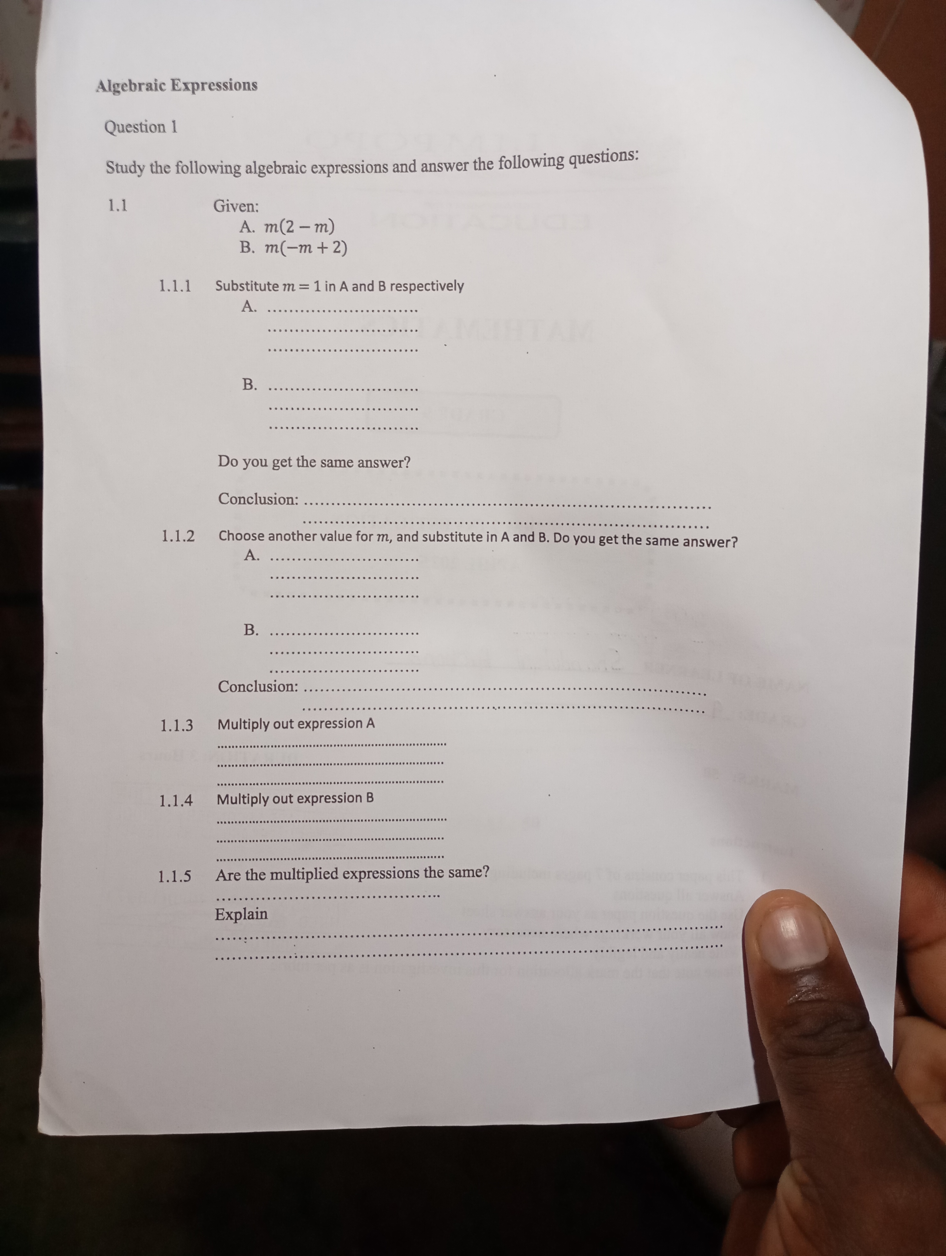 Solved Algebraic Expressions Question 1 ﻿Study the following | Chegg.com