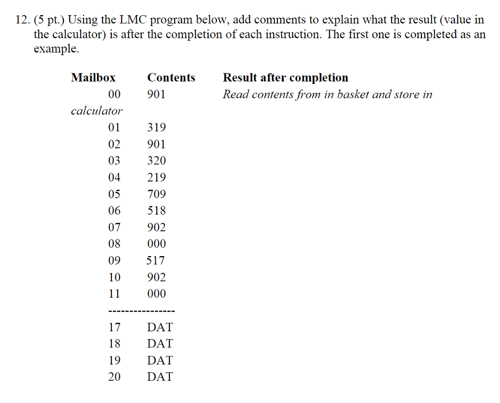 12. (5 pt.) Using the LMC program below, add comments | Chegg.com