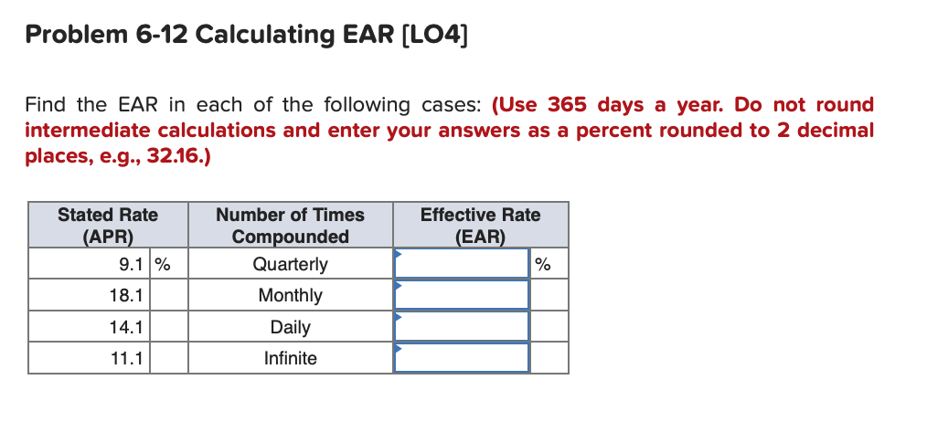 Solved Problem 6-12 Calculating EAR (LO4] Find the EAR in | Chegg.com
