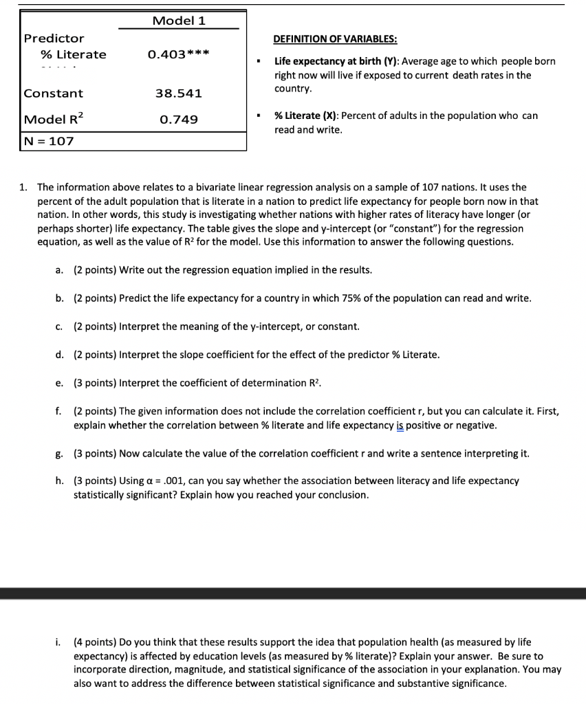 Model 1 DEFINITION OF VARIABLES: Predictor % Literate | Chegg.com