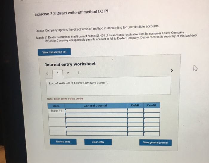 Solved Exercise 7-3 Direct write-off method LO P1 Dexter | Chegg.com