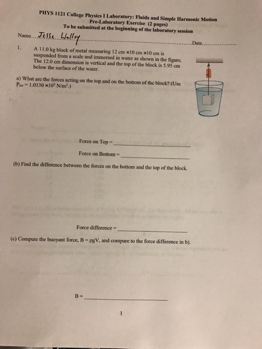 Solved PHYS 1121 College Physies I Laboratory: Fluids and | Chegg.com