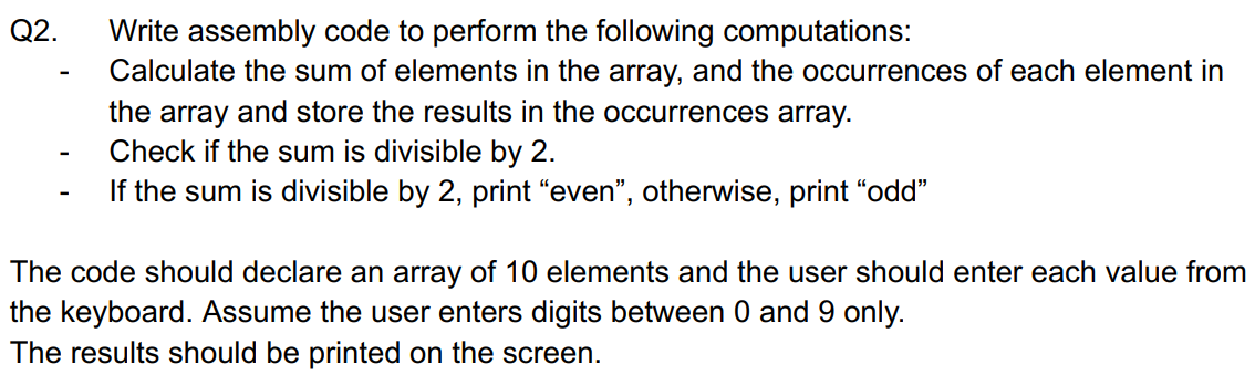 Solved Write assembly 8086 code to perform the following | Chegg.com