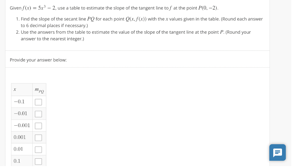 Solved Given f(x)=5x3−2, use a table to estimate the slope | Chegg.com