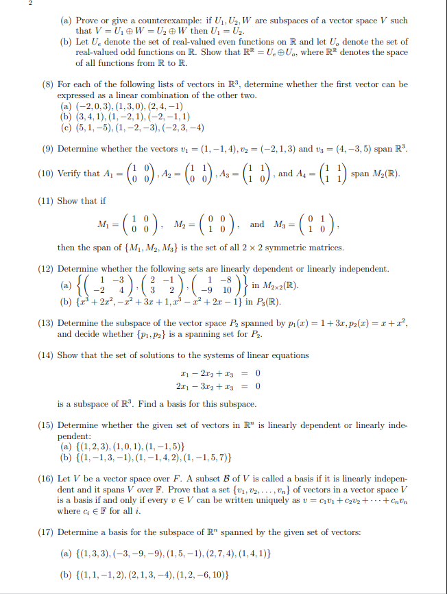 Solved (a) Prove or give a counterexample: if U_(1),U_(2),W | Chegg.com