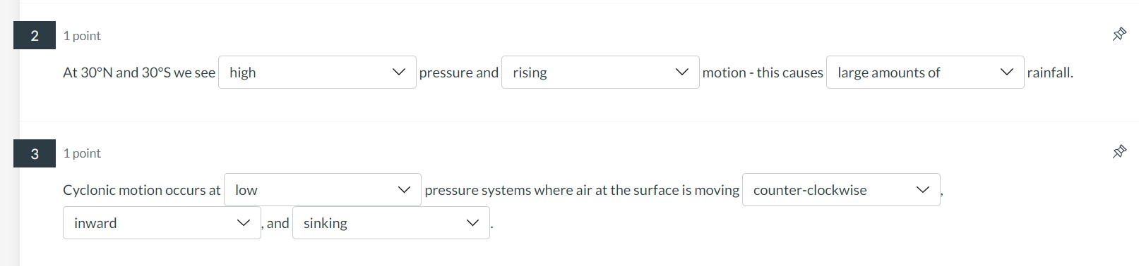 Solved 1 point At 30∘N and 30∘S we se ϵ pressure anc motion | Chegg.com