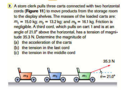 Solved 7. A store clerk pulls three carts connected with two | Chegg.com