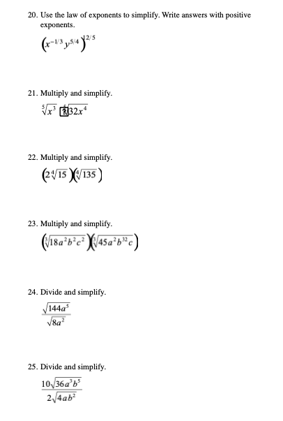 Solved 20. Use the law of exponents to simplify. Write | Chegg.com
