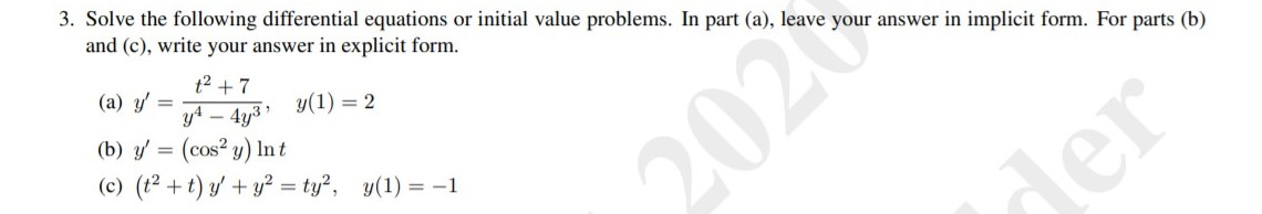 Solved 3. Solve the following differential equations or | Chegg.com
