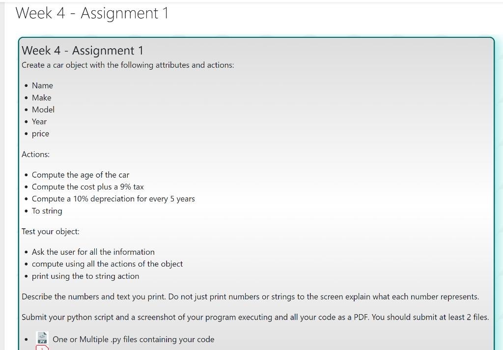Solved Week 4 - Assignment 1 Create a car object with the | Chegg.com