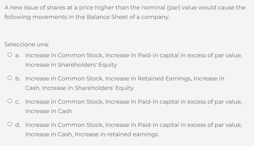 Solved A new issue of shares at a price higher than the | Chegg.com