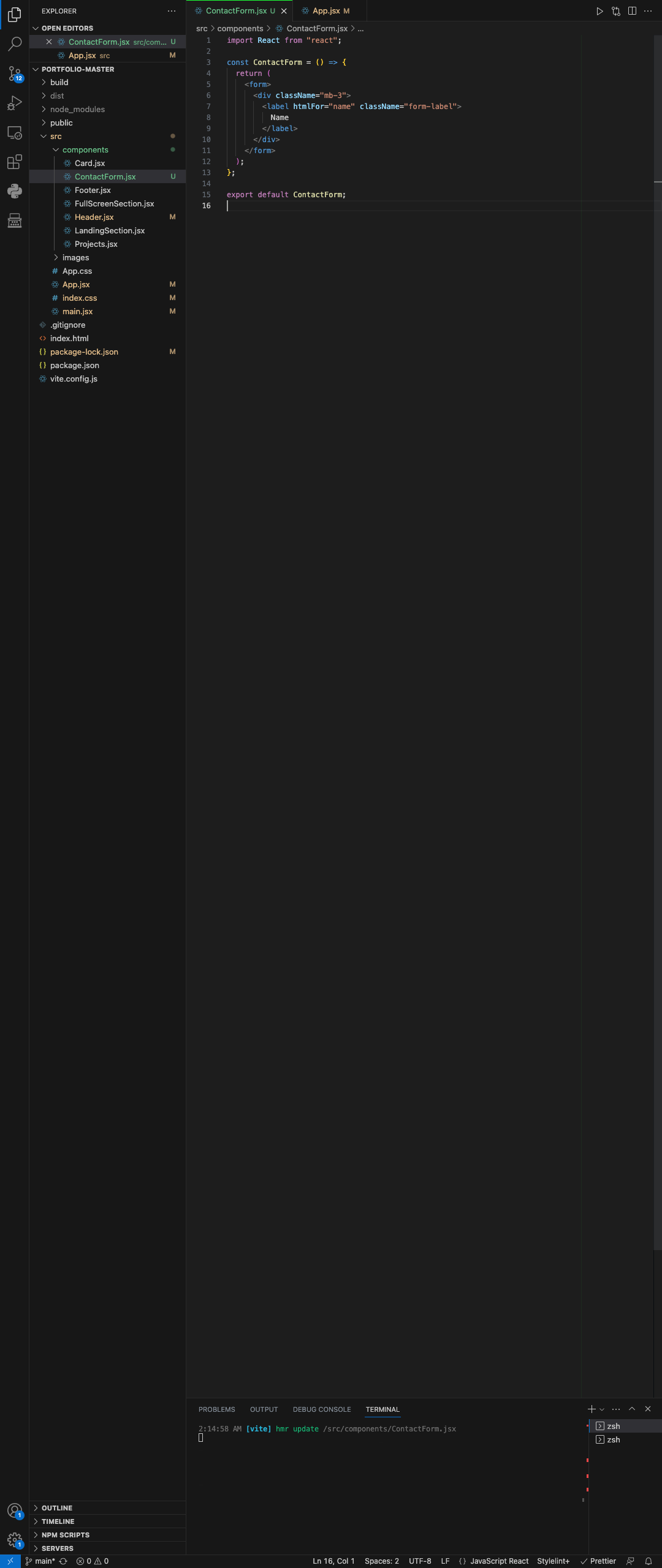 My contactForm component isn't rendering anything at | Chegg.com