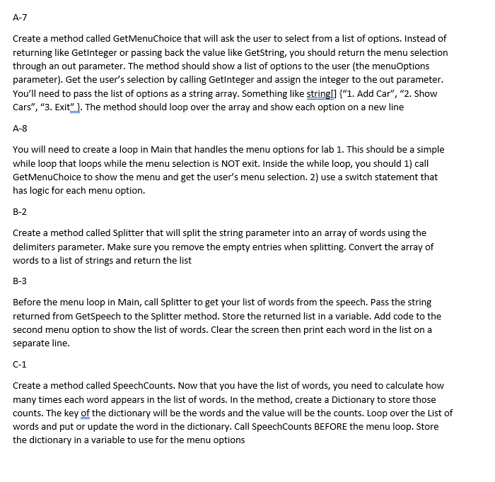 A-7 Create a method called GetMenuChoice that will | Chegg.com