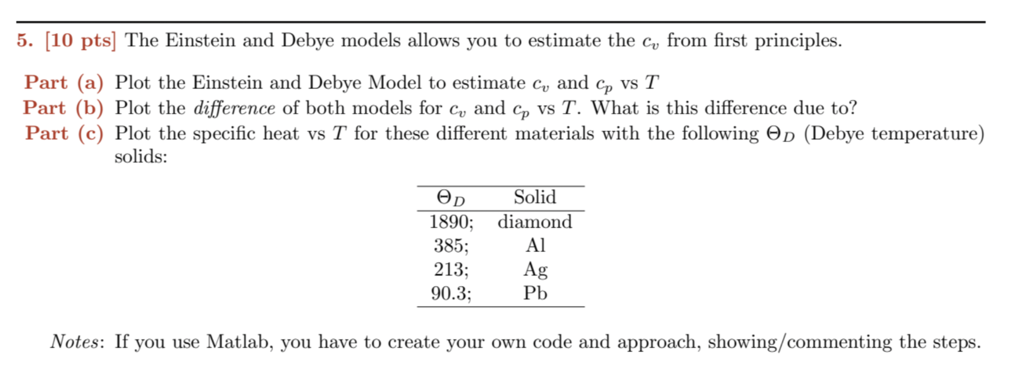 5. [10 pts] The Einstein and Debye models allows you | Chegg.com